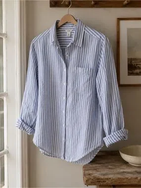 L.L. Bean | Tops | Llbean 0 Linen Blue White Stripe Shirt Medium Petite ...